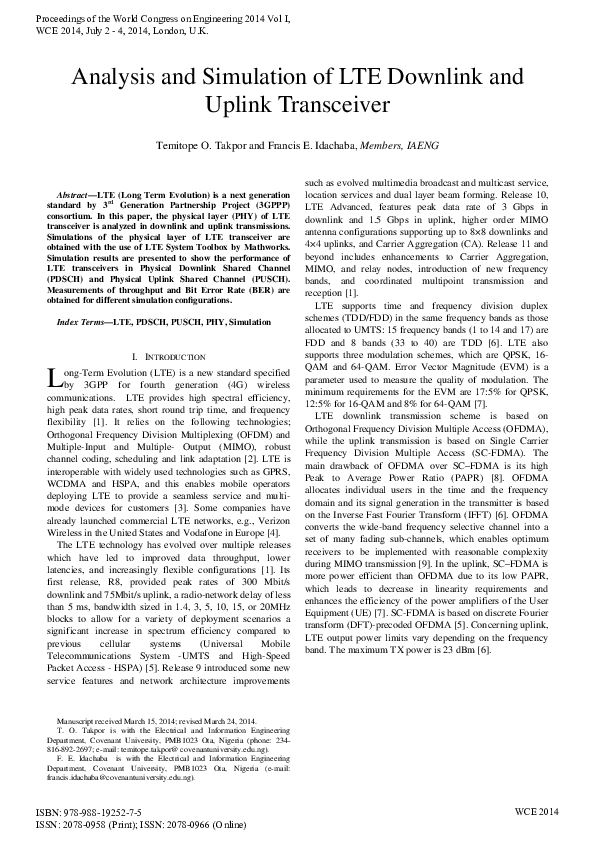 Pdf Analysis And Simulation Of Lte Downlink And Uplink Transceiver