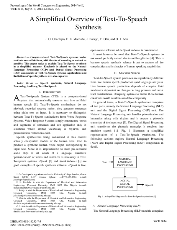(PDF) A Simplified Overview of Text-To-Speech Synthesis