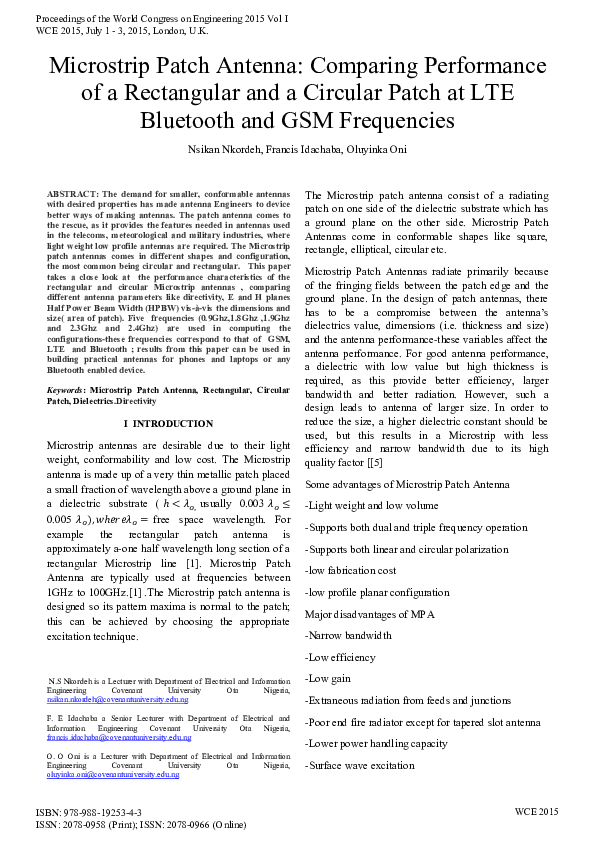Pdf Microstrip Patch Antenna Comparing Performance Of A Rectangular And A Circular Patch At