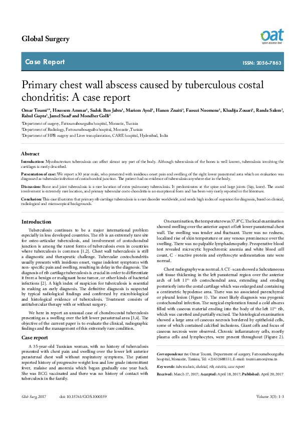 (PDF) Primary Chest Wall Abscess Caused by tuberculous Costal ...