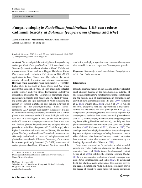 (PDF) Fungal endophyte Penicillium janthinellum LK5 can reduce cadmium ...