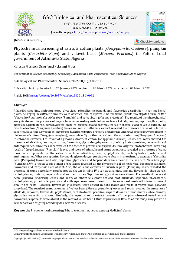 (PDF) Phytochemical screening of extracts cotton plants (Gossypium ...