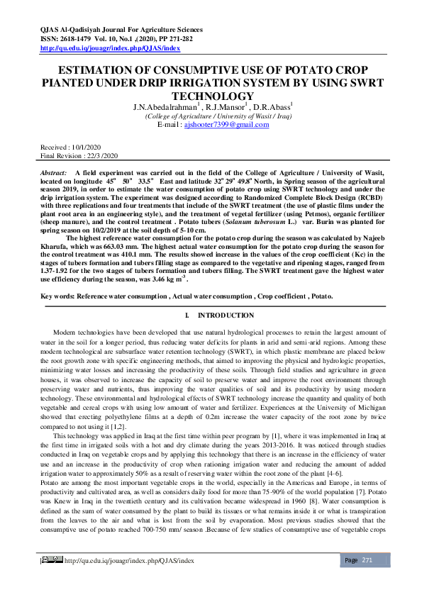 (PDF) Estimation of Consumptive Use of Potato Crop Pianted Under Drip ...