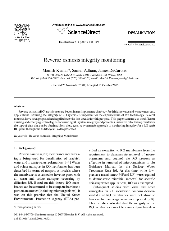 Pdf Reverse Osmosis Integrity Monitoring
