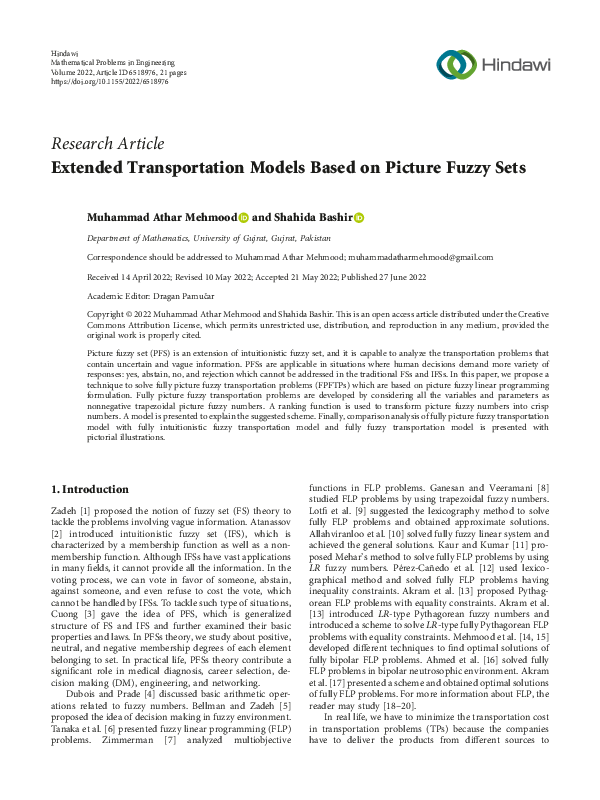 (PDF) Extended Transportation Models Based on Picture Fuzzy Sets