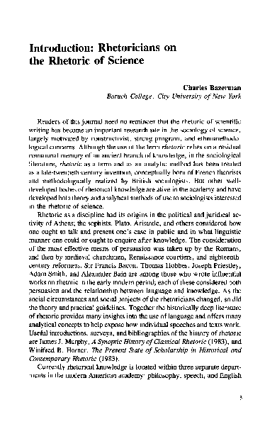 (PDF) Introduction: Rhetoricians on the Rhetoric of Science