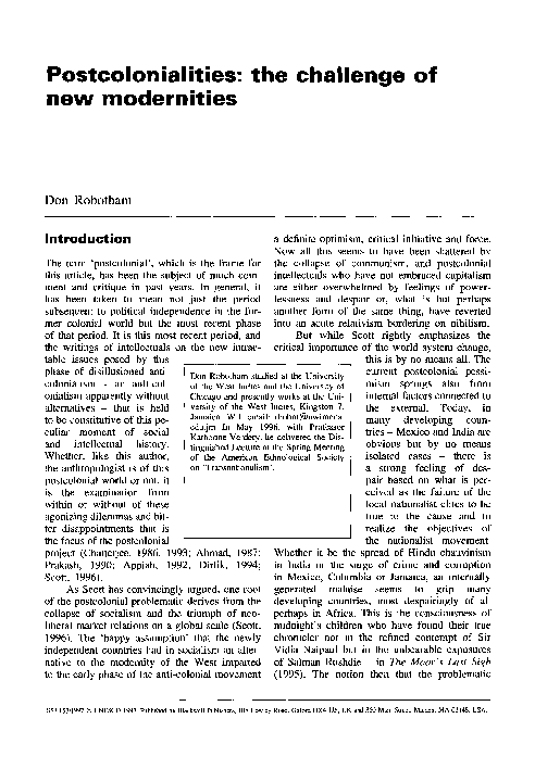 (PDF) Postcolonialities: the challenge of new modernities | Don ...