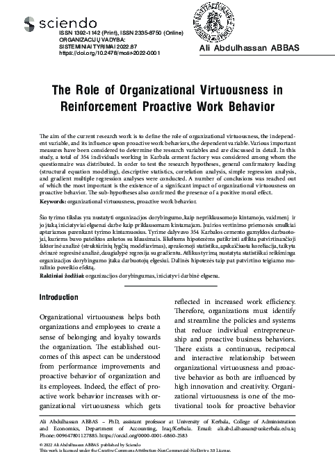 (PDF) The Role of Organizational Virtuousness in Reinforcement Proactive Work Behavior