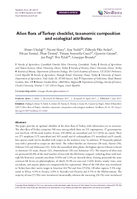 Alien flora of Turkey: checklist, taxonomic composition and ecological ...