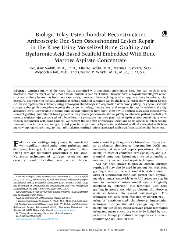 (PDF) Arthroscopic Osteochondral Repair with Morselized Bone Grafting