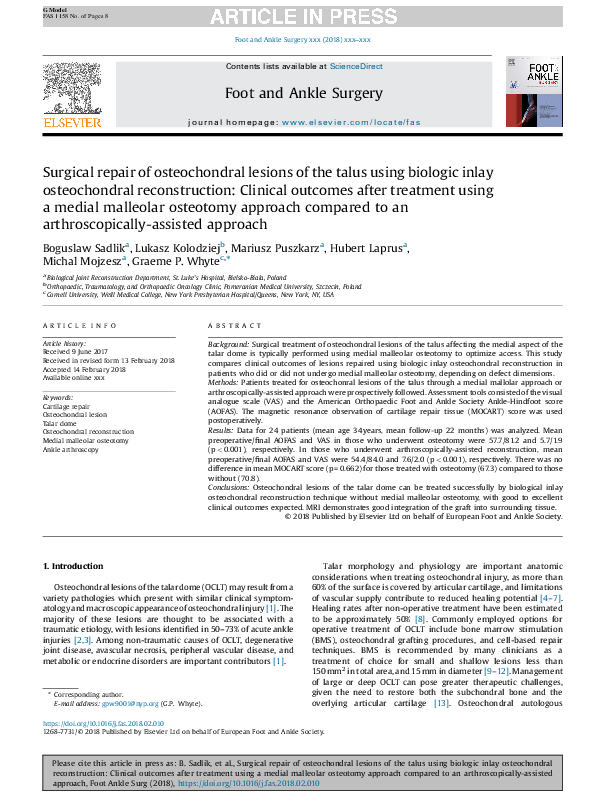 (PDF) Surgical repair of osteochondral lesions of the talus using ...