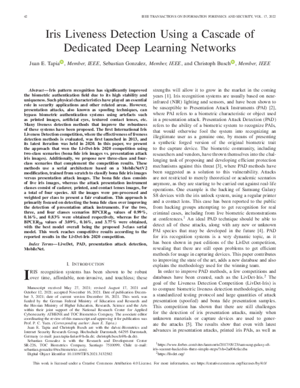 (PDF) Iris Liveness Detection Using a Cascade of Dedicated Deep Learning Networks