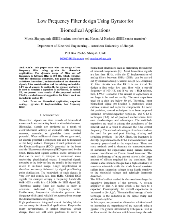 (PDF) Low Frequency Filter design Using Gyrator for Biomedical Applications
