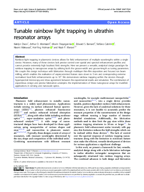 (PDF) Tunable rainbow light trapping in ultrathin resonator arrays