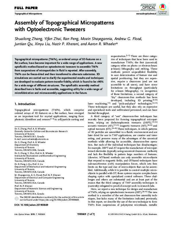 (PDF) Assembly of Topographical Micropatterns with Optoelectronic Tweezers