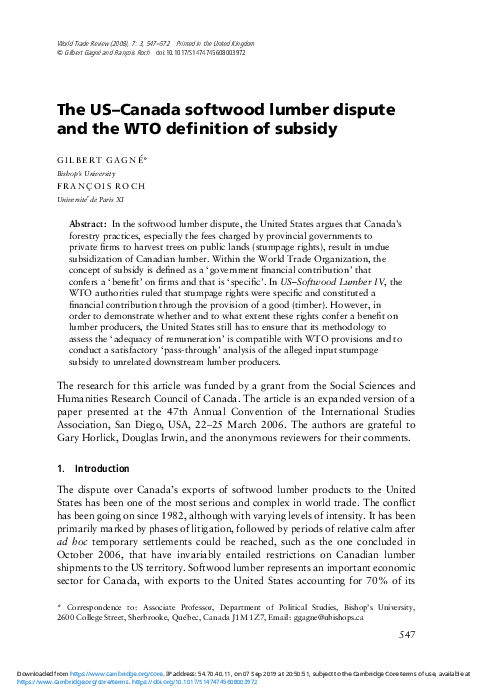 (PDF) The US–Canada softwood lumber dispute and the WTO definition of ...