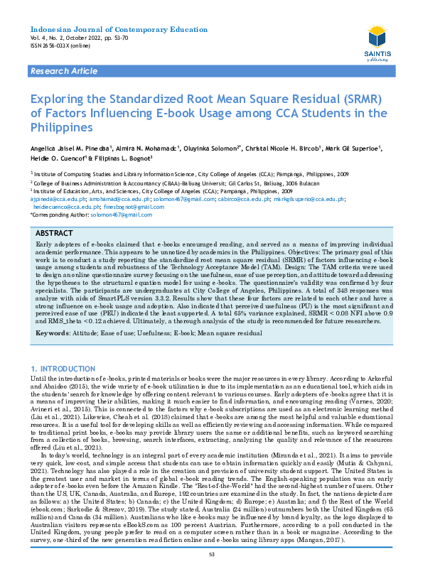 (PDF) Exploring the Standardized Root Mean Square Residual (SRMR) of Factors Influencing E-book ...