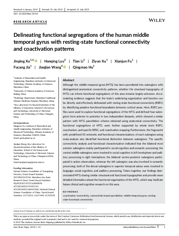 Pdf Delineating Functional Segregations Of The Human Middle Temporal Gyrus With Resting‐state