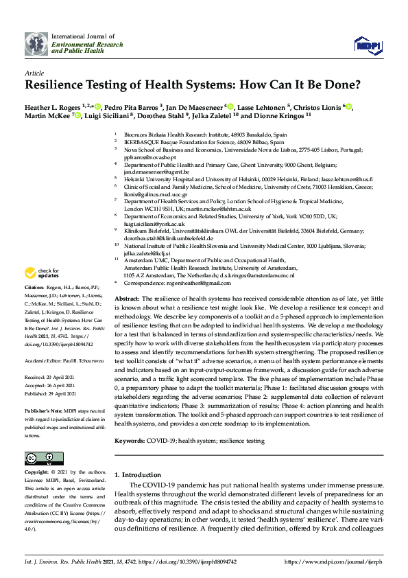 (PDF) Resilience Testing of Health Systems: How Can It Be Done?