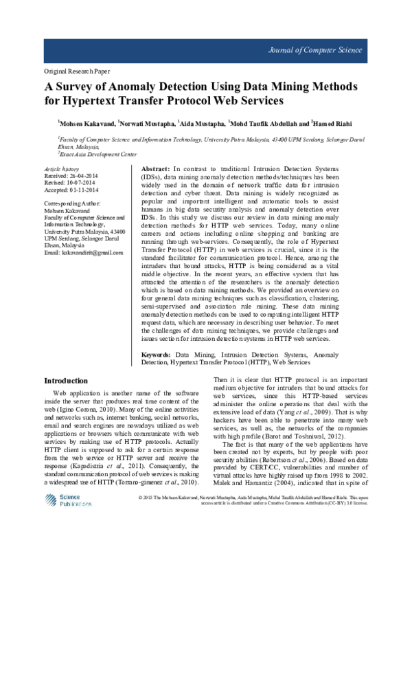 Pdf A Survey Of Anomaly Detection Using Data Mining Methods For Hypertext Transfer Protocol