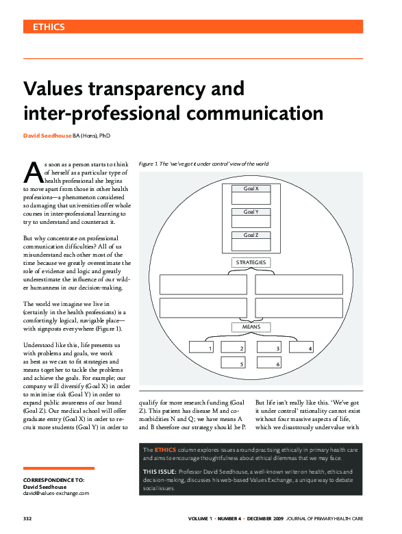 (PDF) Ethics: Values transparency and inter-professional communication