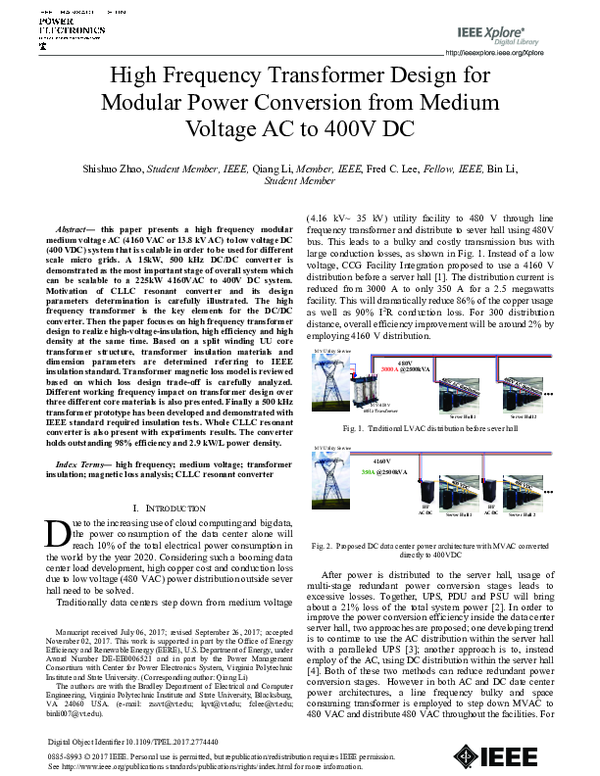 (PDF) High-Frequency Transformer Design for Modular Power Conversion From Medium-Voltage AC to ...