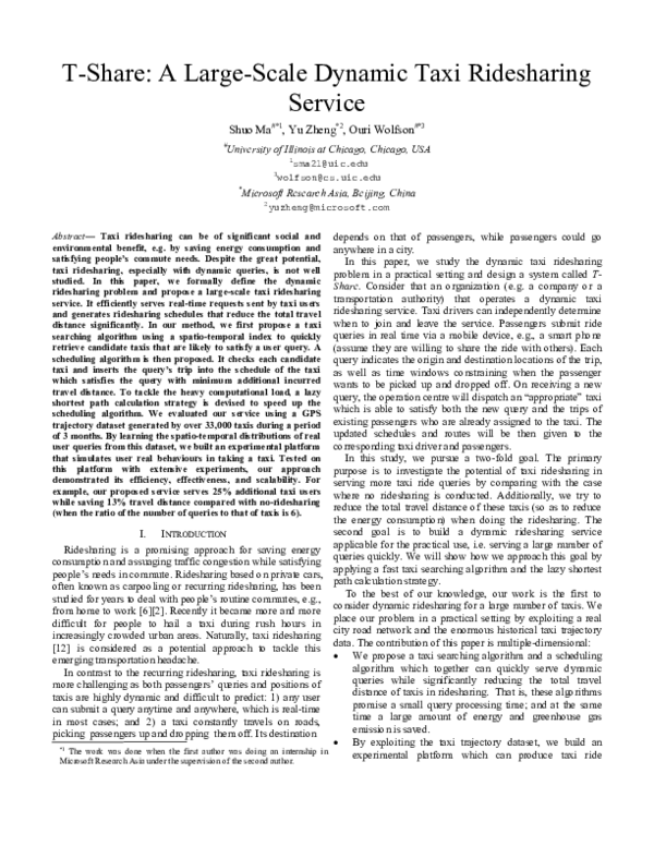 (PDF) T-share: A large-scale dynamic taxi ridesharing service
