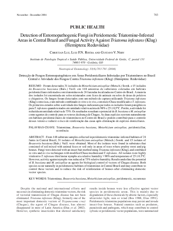 (PDF) Detection of entomopathogenic fungi in peridomestic triatomine ...