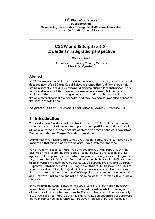 (PDF) CSCW and Enterprise 2.0 - towards an integrated perspective