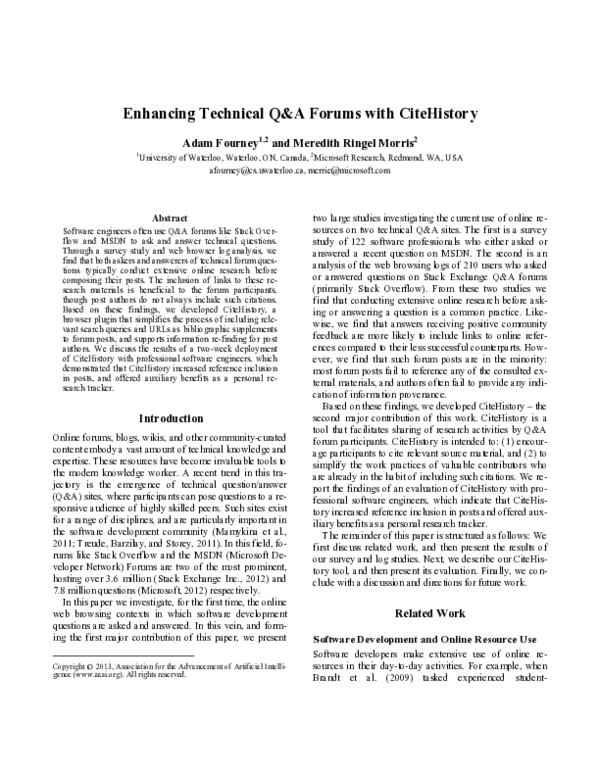 (PDF) Enhancing Technical Q&A Forums with CiteHistory | Adam Fourney - Academia.edu