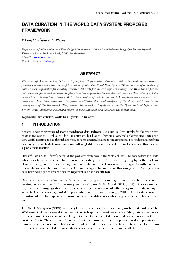 (PDF) Data Curation in the World Data System: Proposed Framework