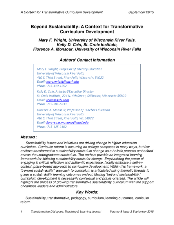 (PDF) Beyond Sustainability: A Context for Transformative Curriculum Development