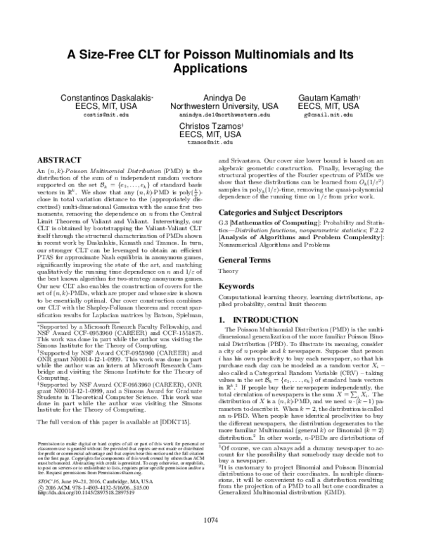 (PDF) A size-free CLT for poisson multinomials and its applications