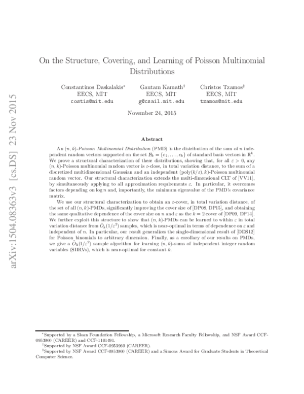 Pdf On The Structure Covering And Learning Of Poisson Multinomial Distributions