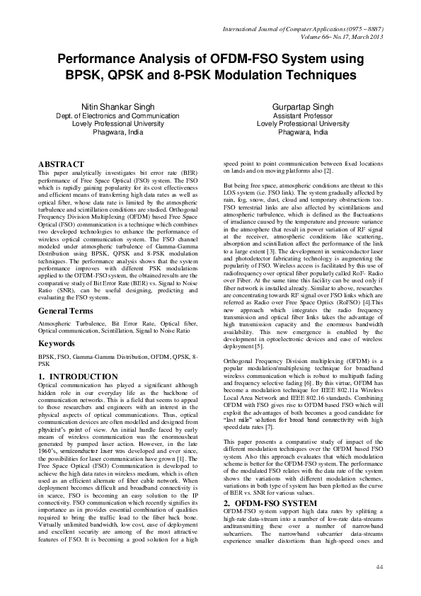 (PDF) Performance Analysis of OFDM-FSO System using BPSK, QPSK & 8-PSK Modulation Techniques