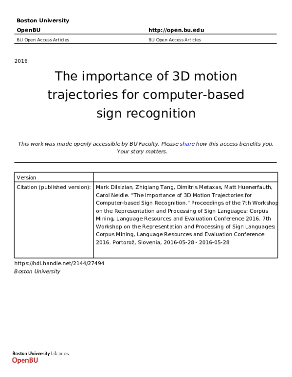 (PDF) The Importance of 3D Motion Trajectories for Computer-based Sign Recognition