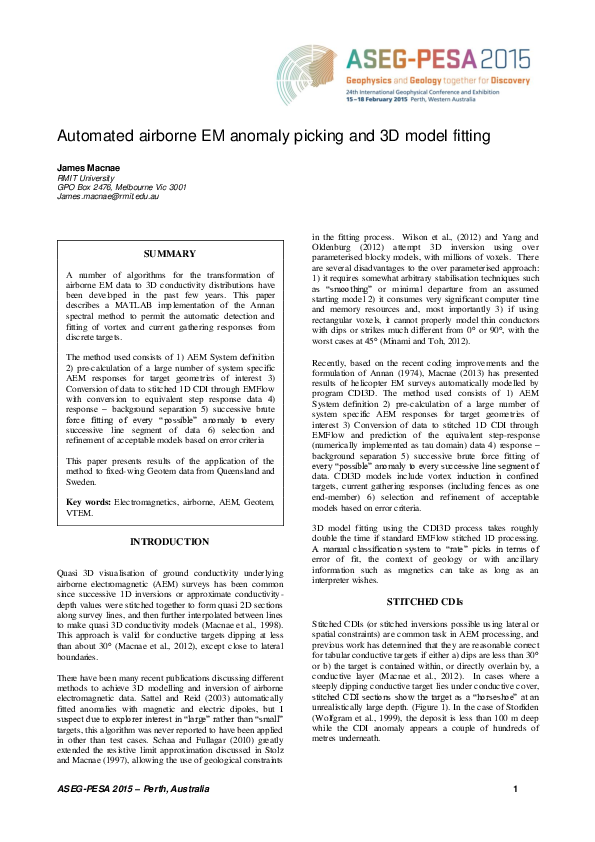 (PDF) Automated airborne EM anomaly picking and 3D model fitting