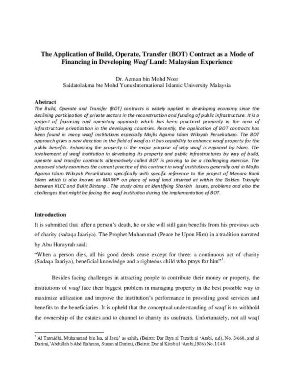 (PDF) The application of build, operate, transfer (BOT) contract as a mode of financing in ...