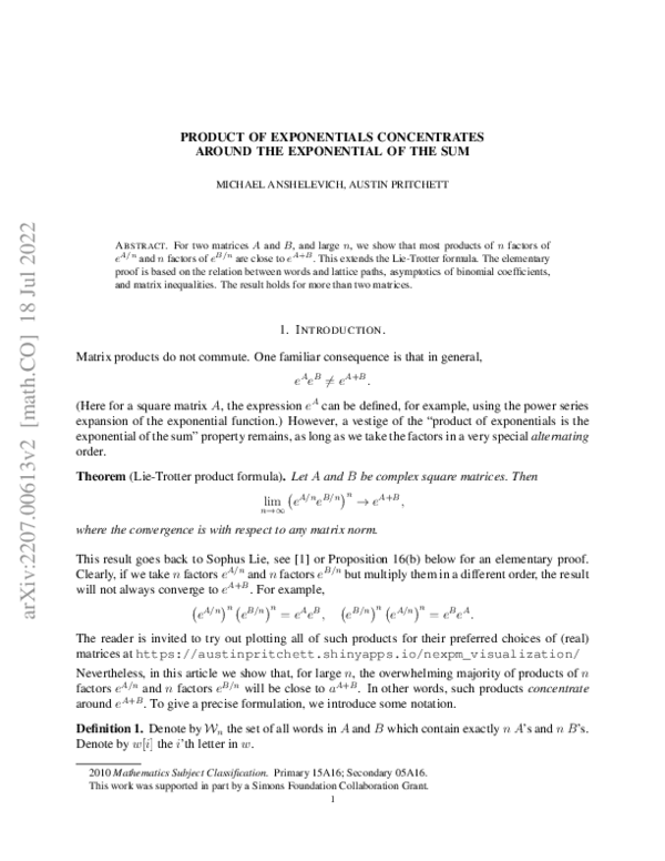 (PDF) Product of exponentials concentrates around the exponential of ...