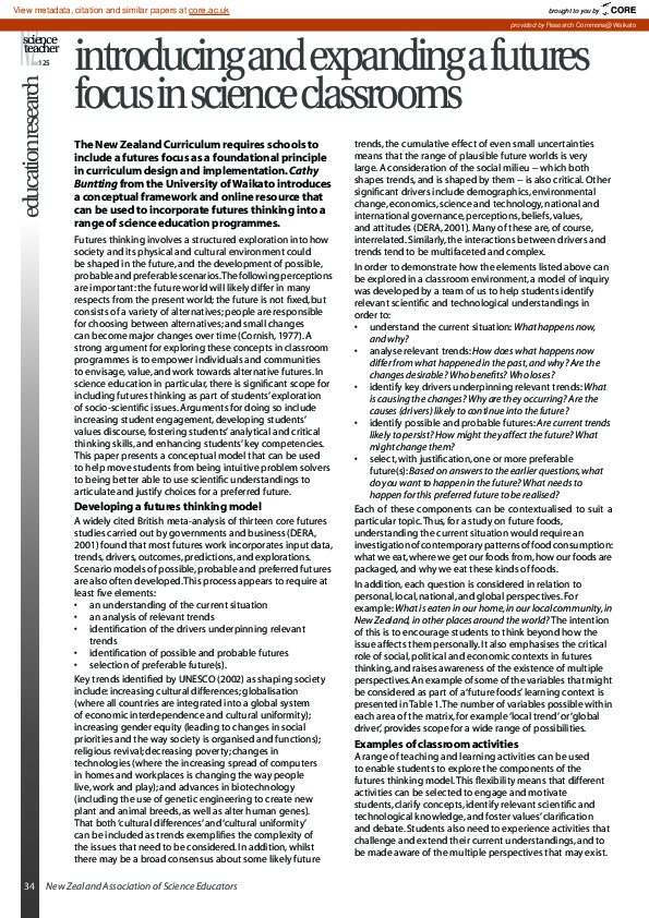 (PDF) Introducing and expanding a futures focus in science classroom