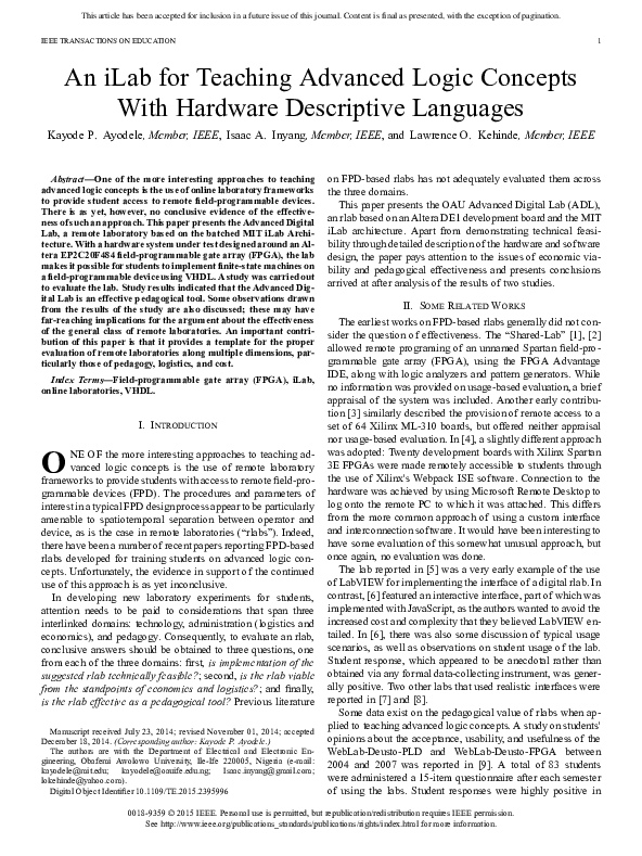 Pdf An Ilab For Teaching Advanced Logic Concepts With Hardware
