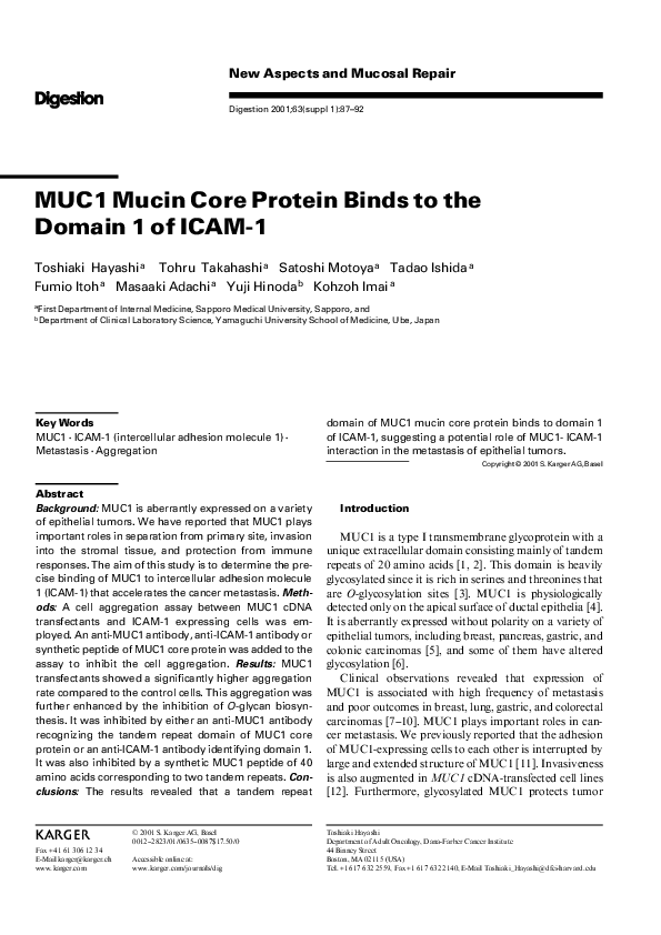 (PDF) MUC1 Mucin Core Protein Binds to the Domain 1 of ICAM-1