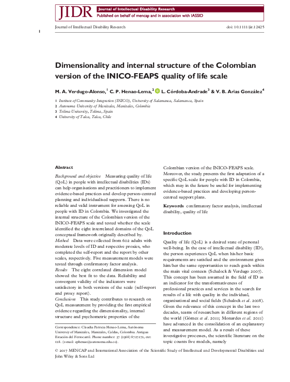(PDF) Dimensionality and internal structure of the Colombian version of the INICO-FEAPS quality ...