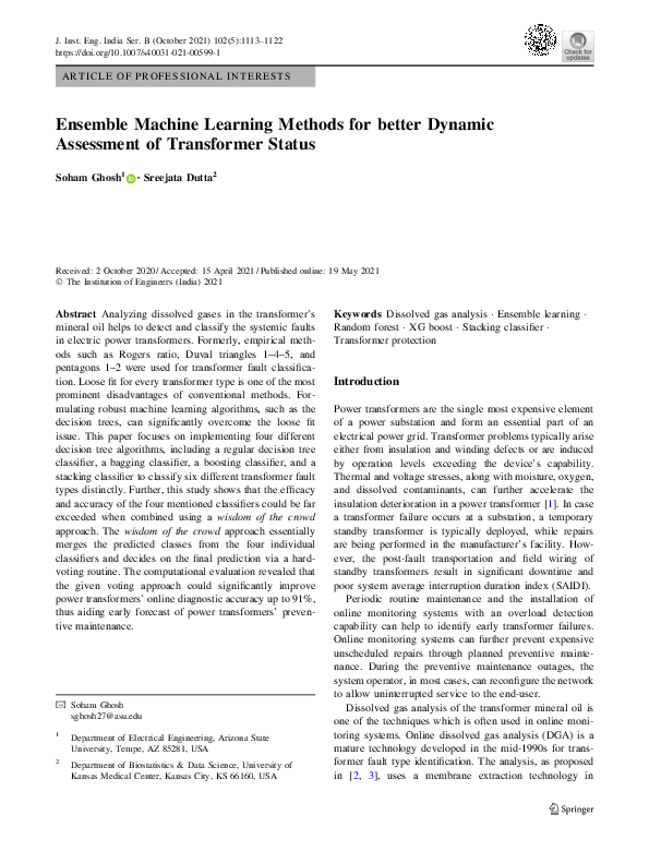 (PDF) Ensemble Machine Learning Methods for better Dynamic Assessment of Transformer Status