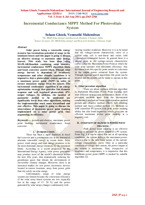 (PDF) Incremental Conductance MPPT Method For Photovoltaic System