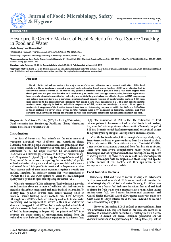 (PDF) Host-specific Genetic Markers of Fecal Bacteria for Fecal Source Tracking in Food and Water