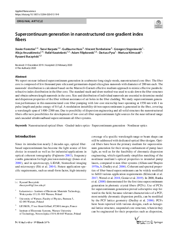 (PDF) Supercontinuum generation in nanostructured core gradient index fibers