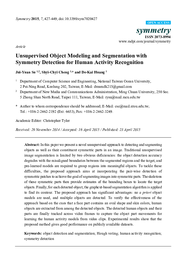 Pdf Unsupervised Object Modeling And Segmentation With Symmetry Detection For Human Activity