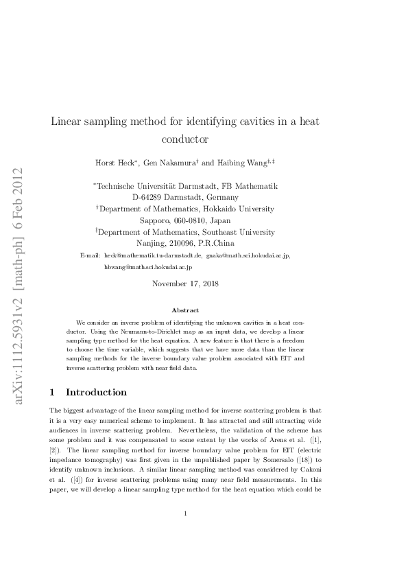 (PDF) Linear sampling method for identifying cavities in a heat conductor