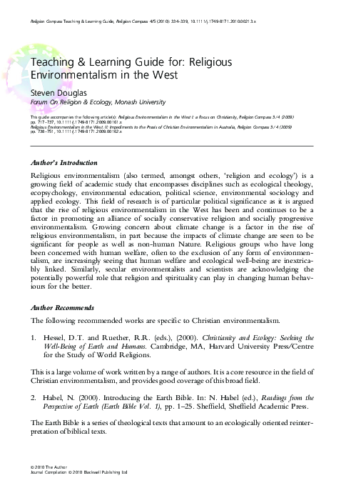 (PDF) Teaching & Learning Guide for: Religious Environmentalism in the West